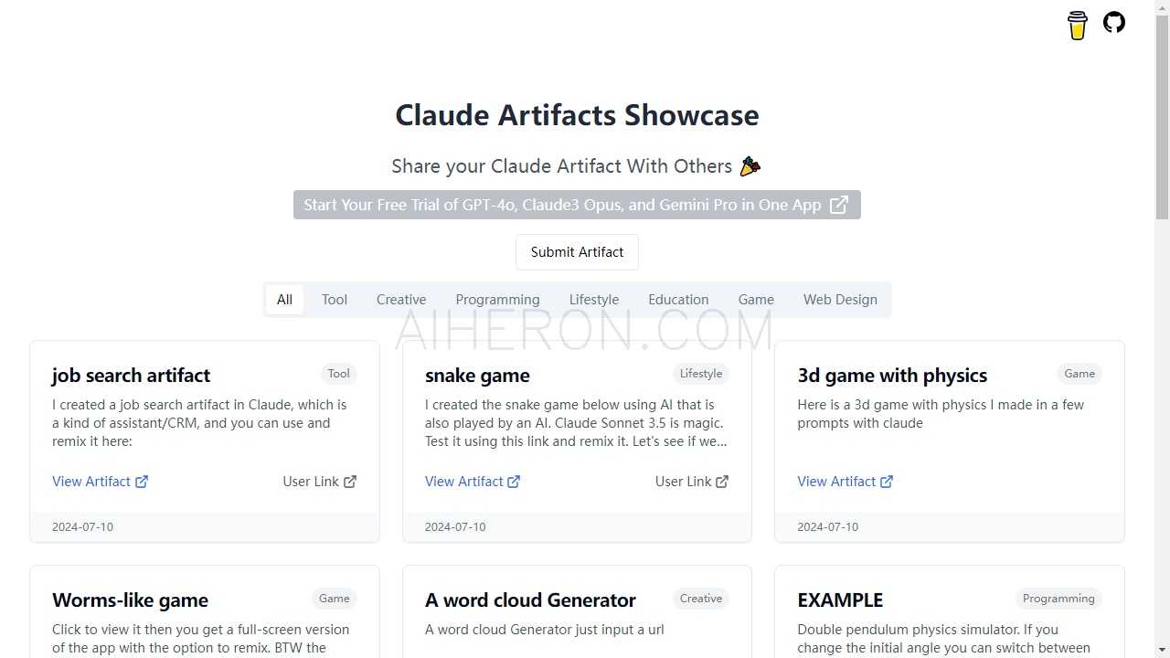 Claude Artifacts Showcase ，AI创作者汇聚之地