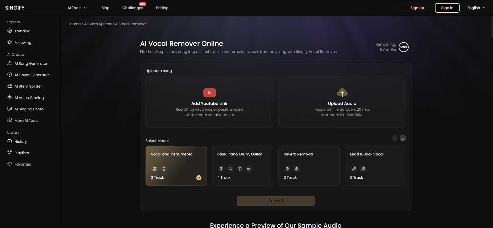 Singify AI Vocal Remover ，一键分离人声与伴奏，释放你的音乐创造力。